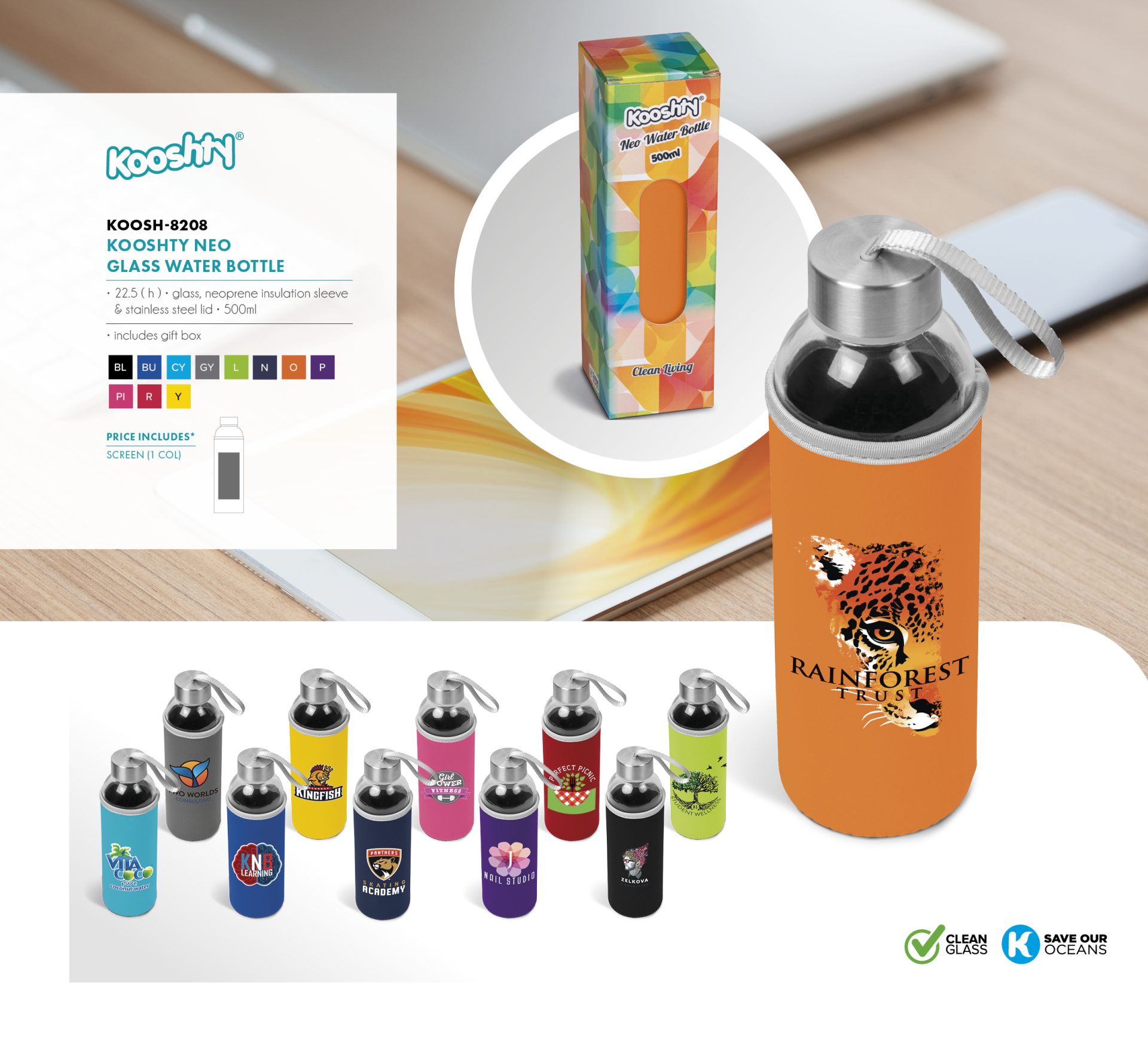 Kooshty Neo Glass Water Bottle - 500ml On Target Promotional Gifts ...